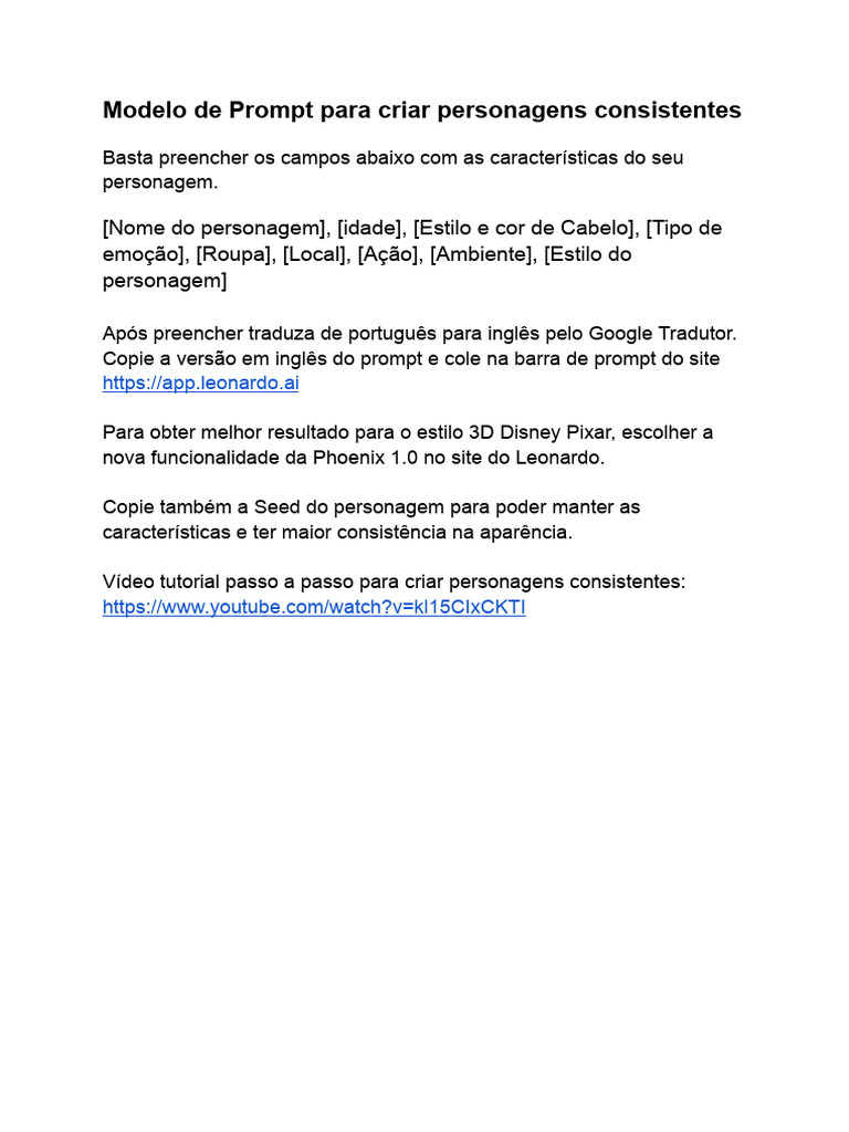 Modelo de Prompt Para Personagens Consistentes | PDF