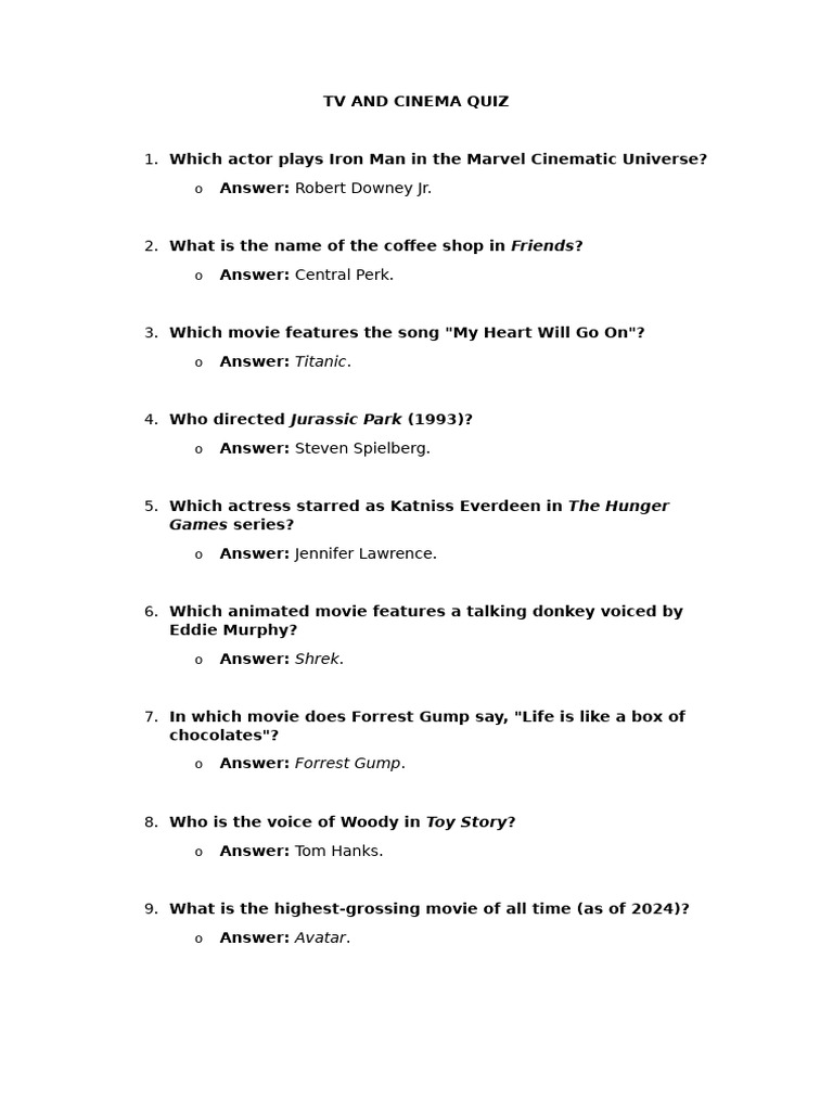 TV and Cinema Quiz | PDF