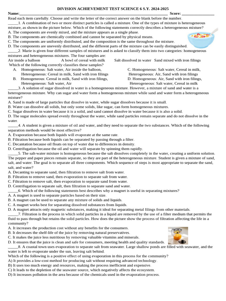 Ecosystem Concepts in Science Test | PDF | Mixture | Solar System