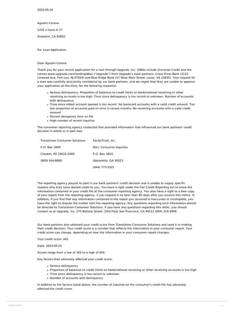 Adverse Action Notice 2 | PDF | Credit | Finance & Money Management