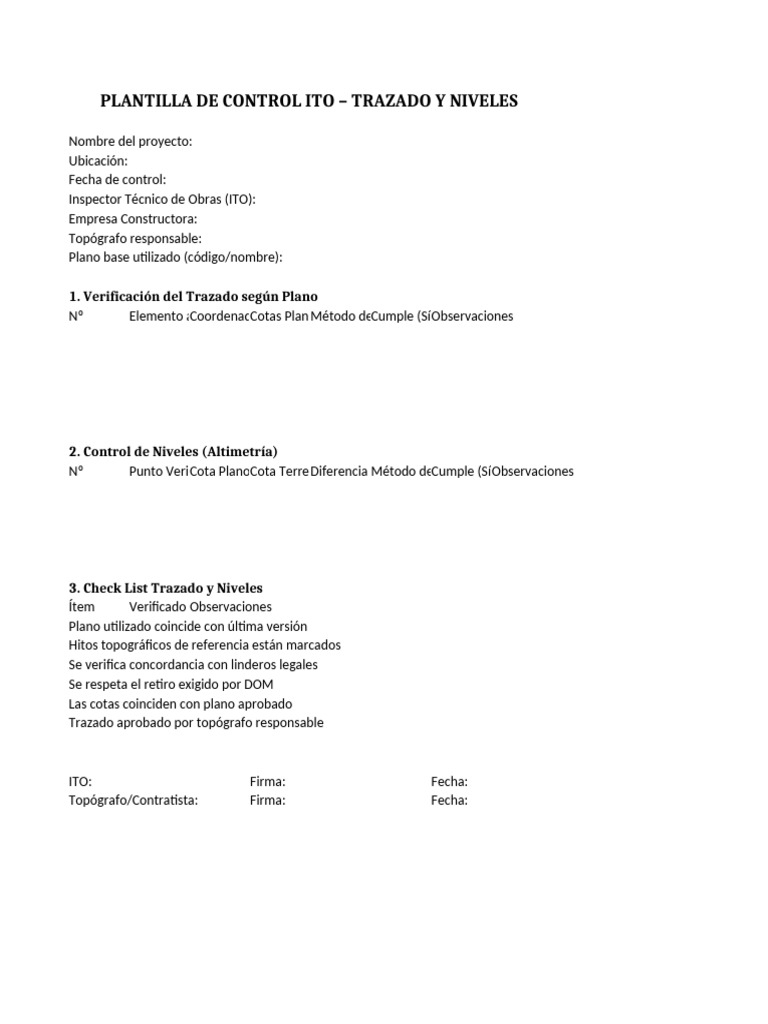 Plantilla Control ITO Trazado Niveles | PDF