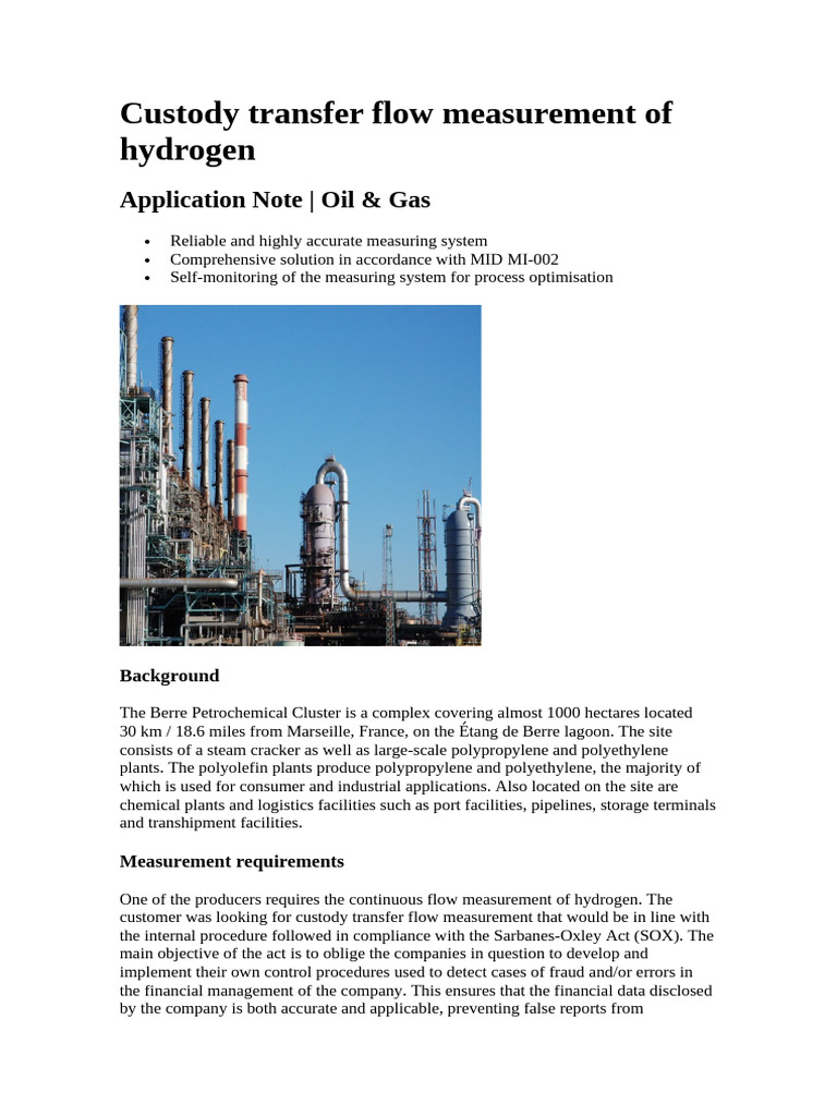 Hydrogen Custody Transfer Measurement Solutions | PDF | Flow ...