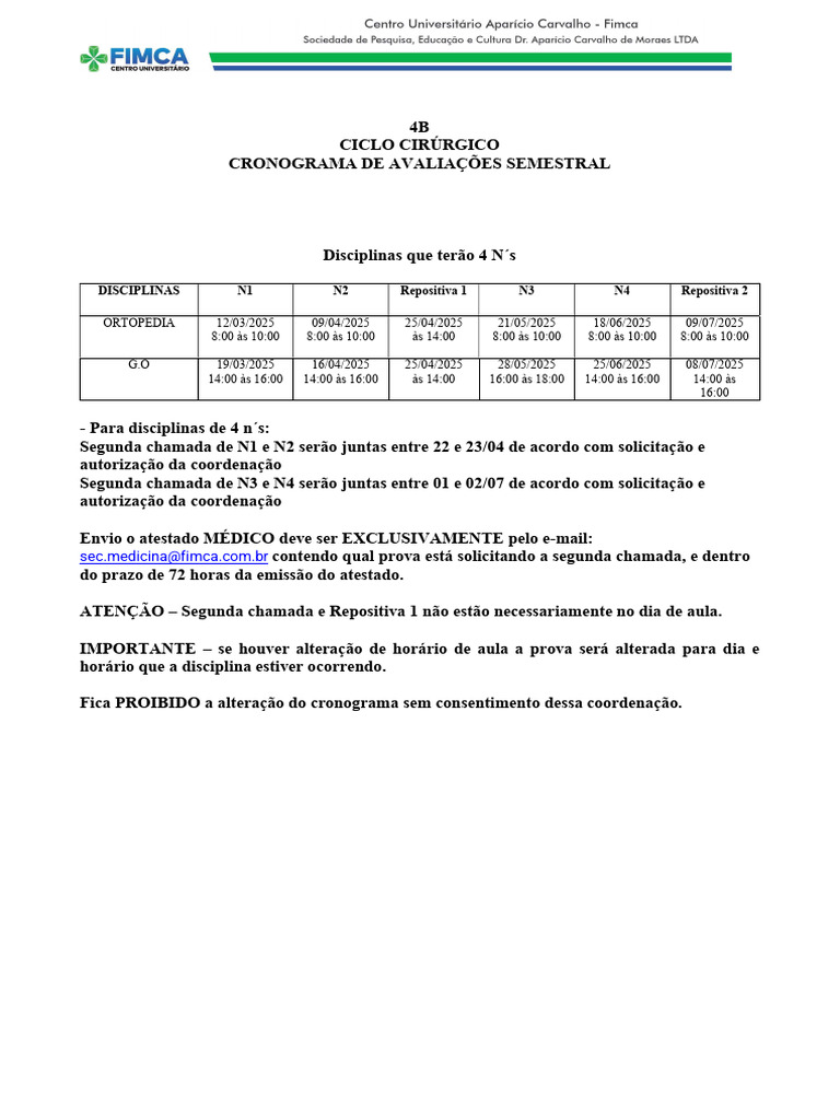 cronograma de prova 4 ano B - 2025.1 | PDF | Remédio | Sistema de saúde