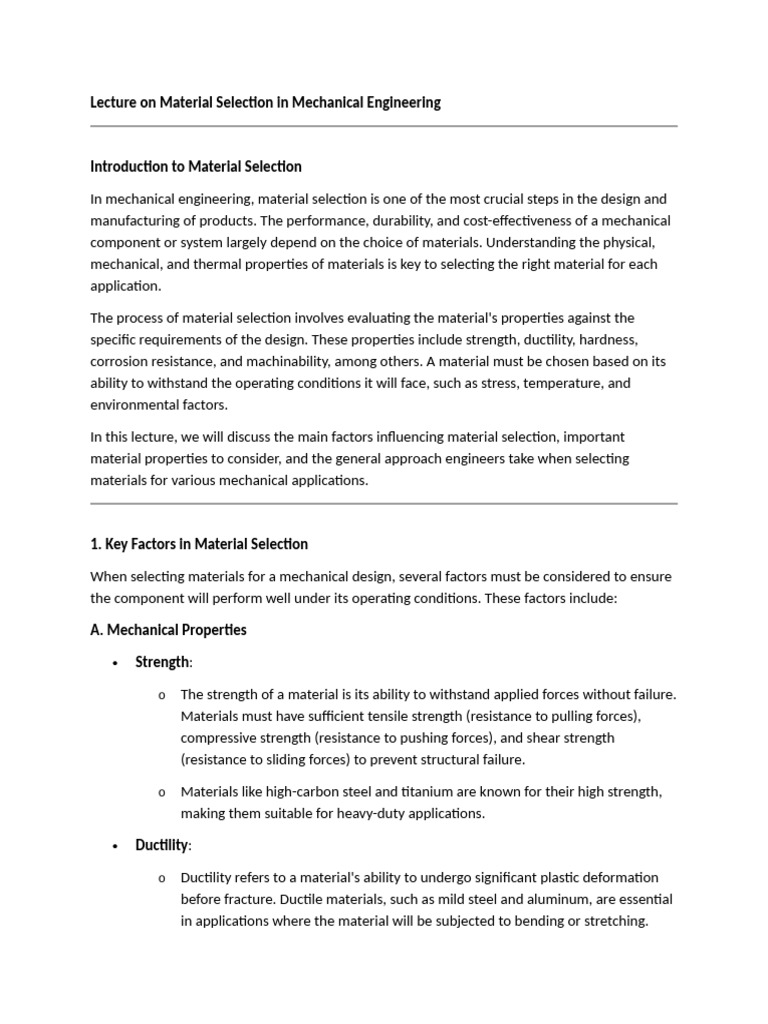 Lecture On Material Selection | PDF | Strength Of Materials | Ductility