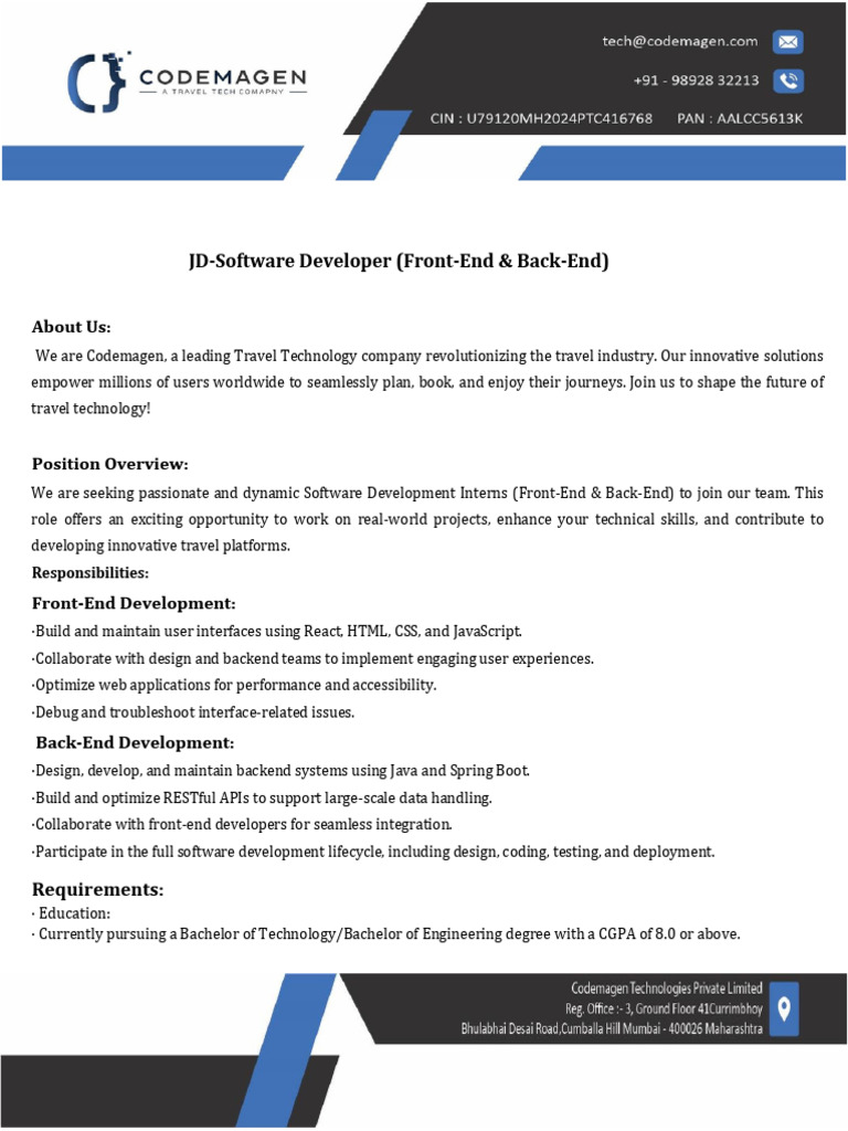 CodeMagen JD-Software Developer PDF | PDF | Software Development ...