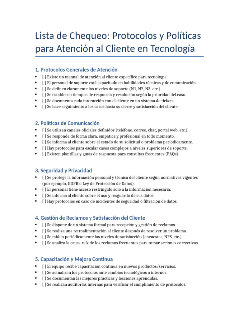 Checklist Atencion Cliente Tecnologia | PDF