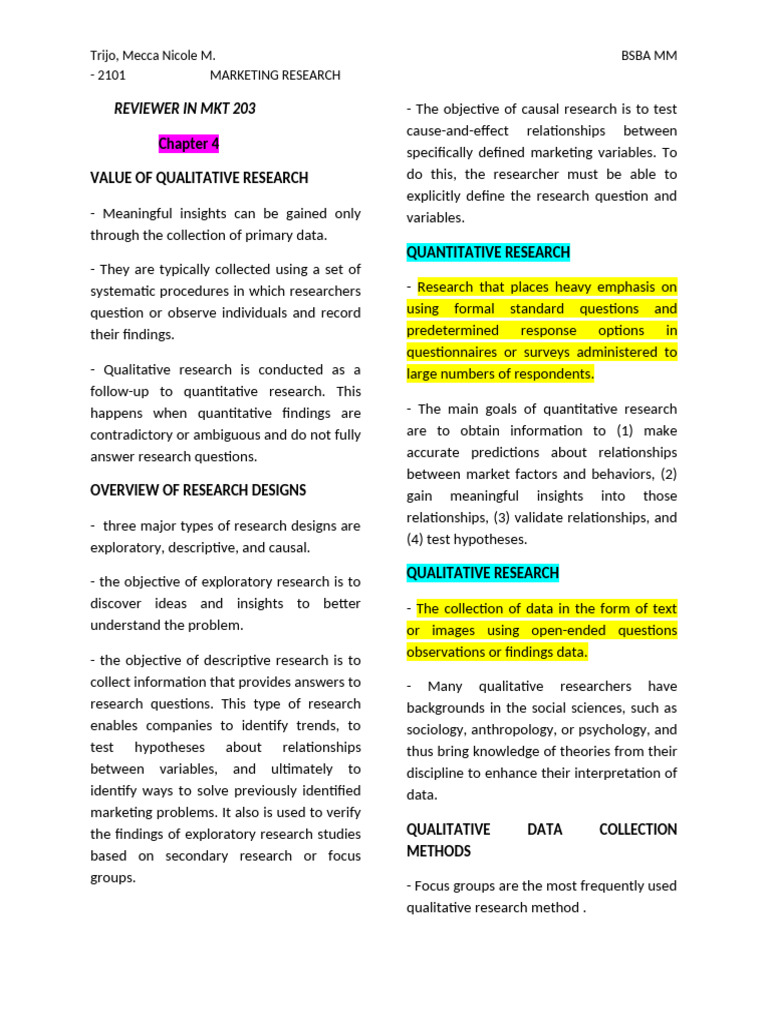 Reviewer in MKT 203 Chapter 4 5 | PDF | Survey Methodology | Focus Group