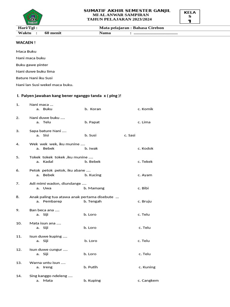 Sumatif Bahasa Cirebon Kelas 1 | PDF