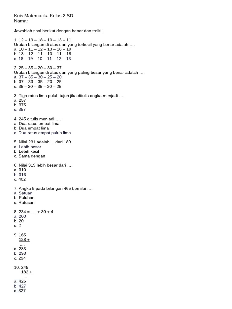 Kuis Matematika SD Kelas 2 | PDF
