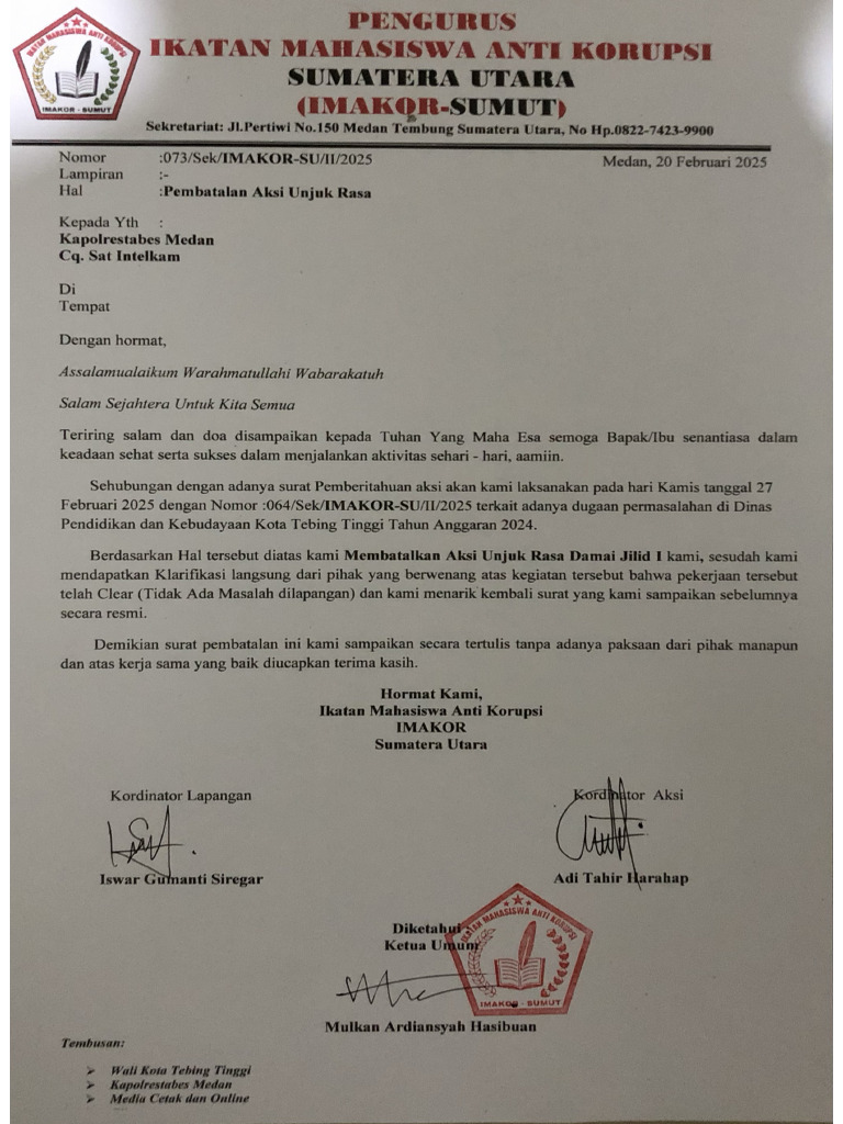 Surat Pembatalan Aksi Disdik Tebing Tinggi | PDF