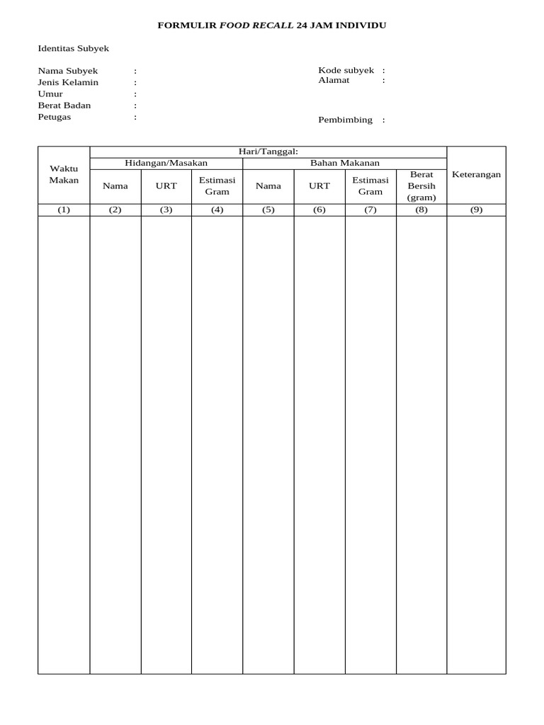 Formulir Food Recall 24 Jam Individu | PDF