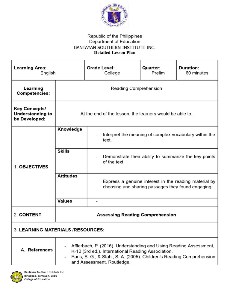 Bantayan Southern Institute Inc.: Learning Area: Grade Level: Quarter: Duration | PDF | Reading ...