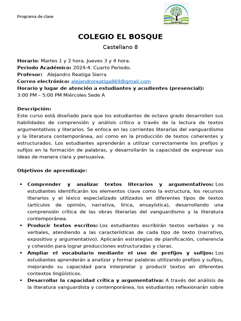 Programa de Clase Castellano 8 - 2024-4 - Colegio El Bosque | PDF ...