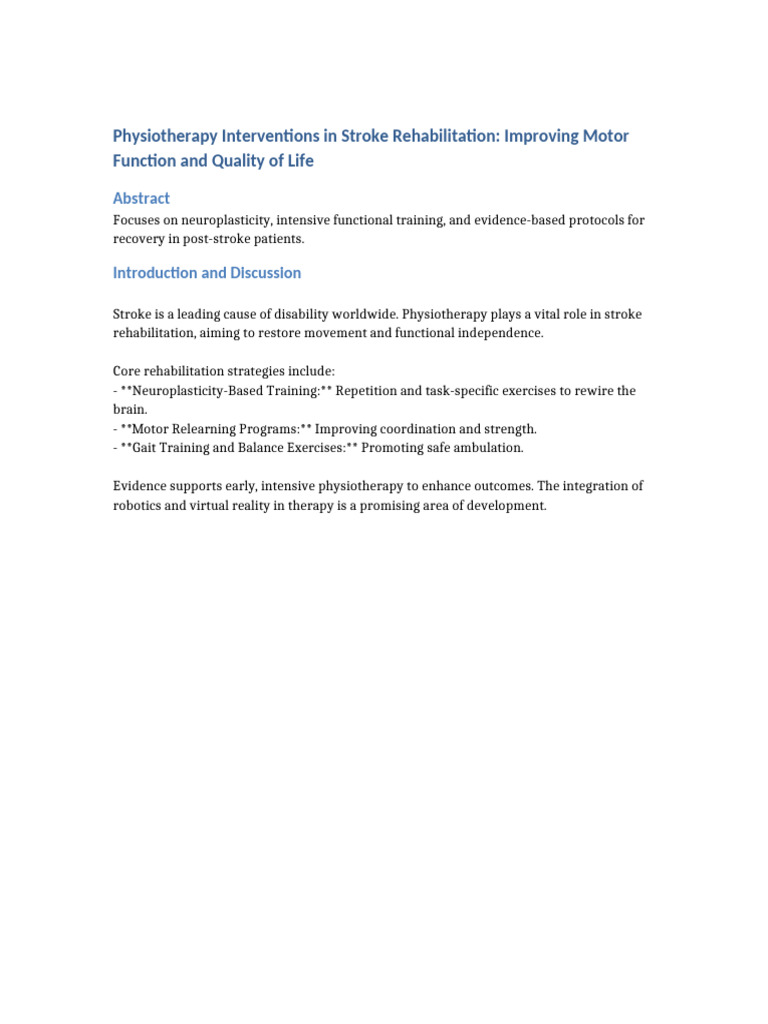 Physiotherapy Interventions in Stroke Rehabilitation Improving Motor ...