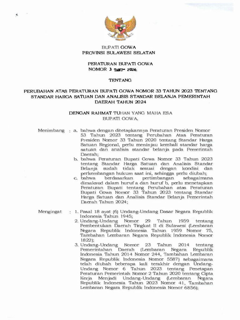 Perbup Nomor 3 Tahun 2024 Perubahan Atas Peraturan Bupati Gowa No. 33 Tahun 2023 Tentang Standar ...