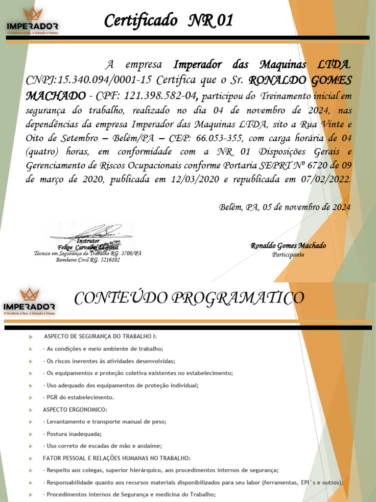 CERTIFICADO NR 01. | PDF