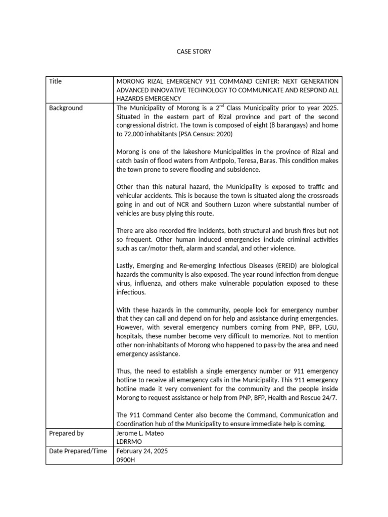 Morong Rizal 911 Command Center Overview | PDF | Emergency | Emergency ...