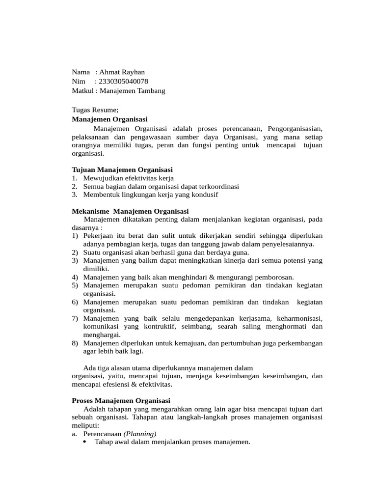 Tugas Resume Manajemen Tambang Ahmat Rayhan - 2330305040078 | PDF