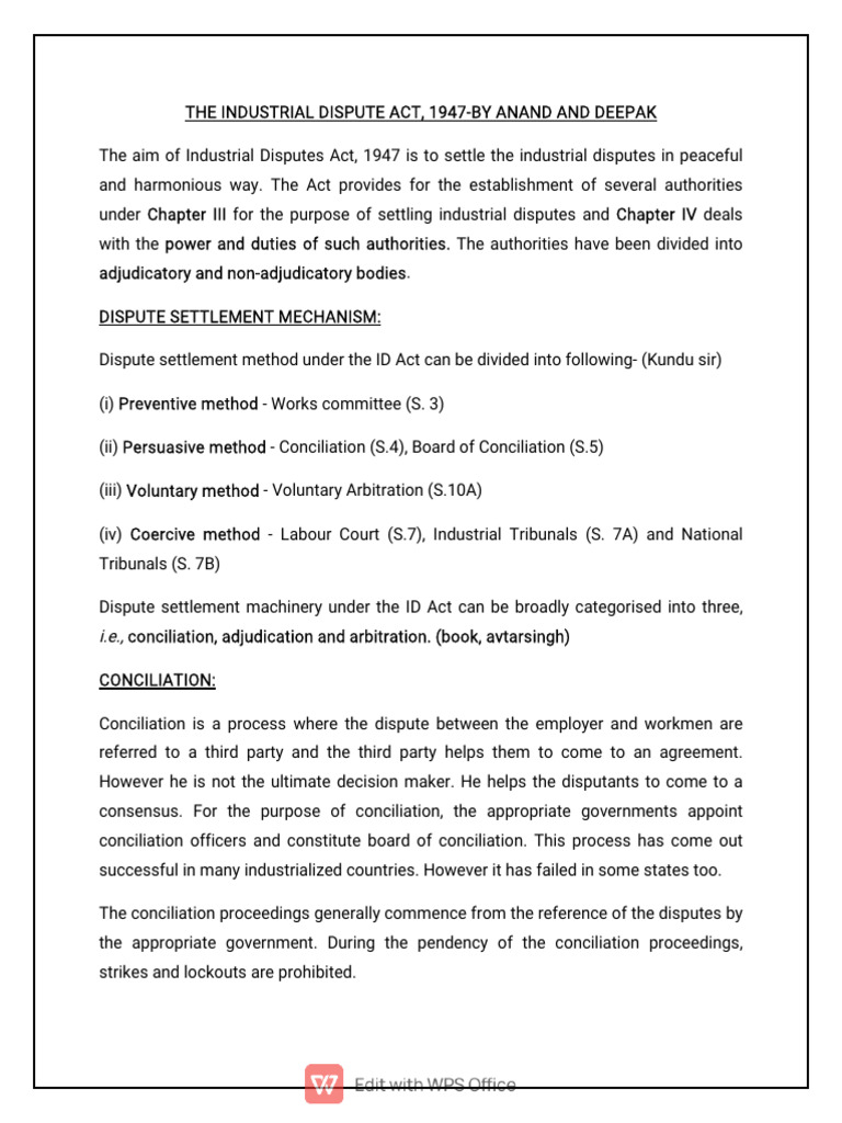 Industrial Dispute Act: Settlement Mechanisms | PDF