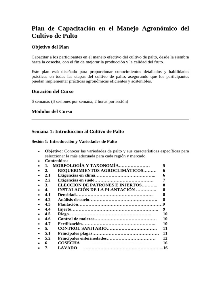 Plan de Capacitación en El Manejo Agronómico Del Cultivo de Palto | PDF | Riego | Agricultura