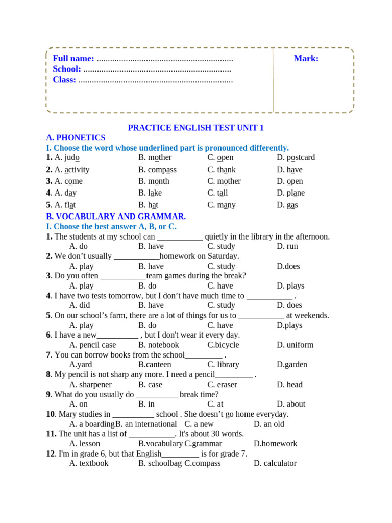 TA 6 - Global Practice Test UNIT 1 | PDF