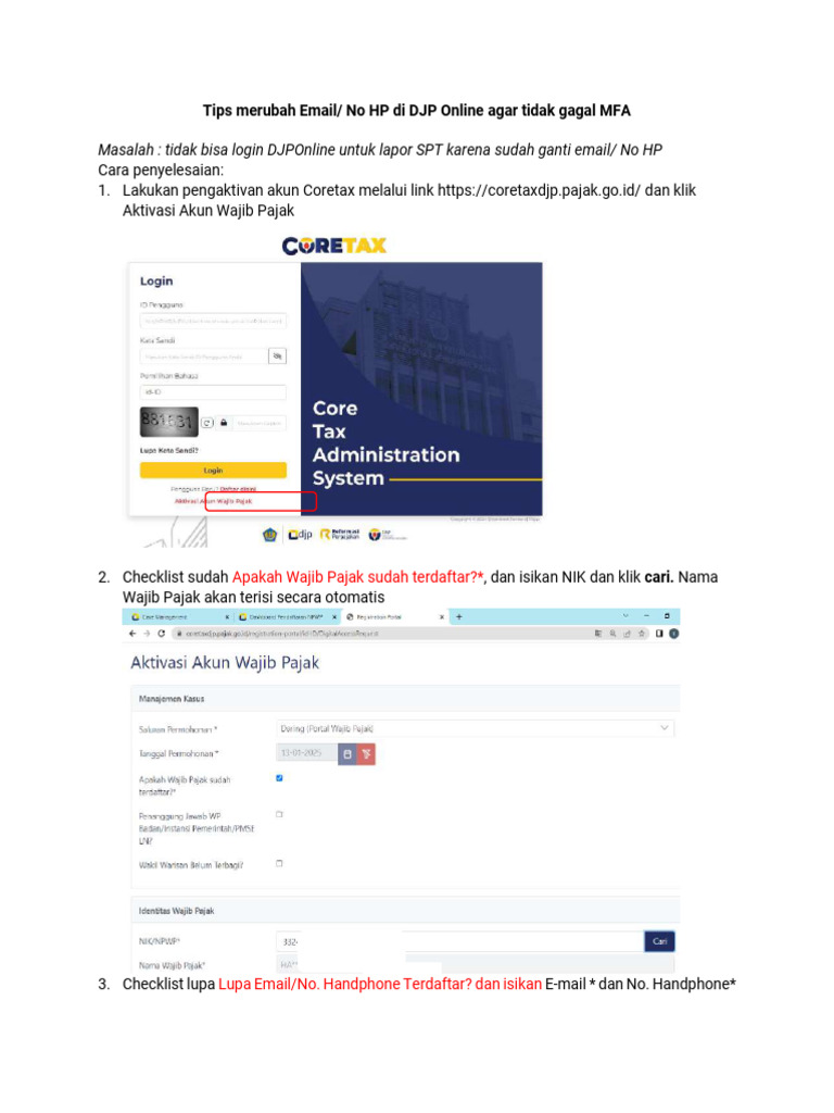 Aktivasi Akun Coretax dan Ganti Email | PDF