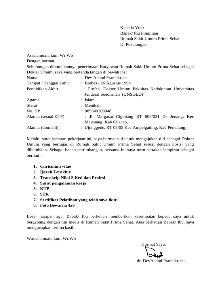 (Dev) SURAT LAMARAN RS Prima Sehat | PDF