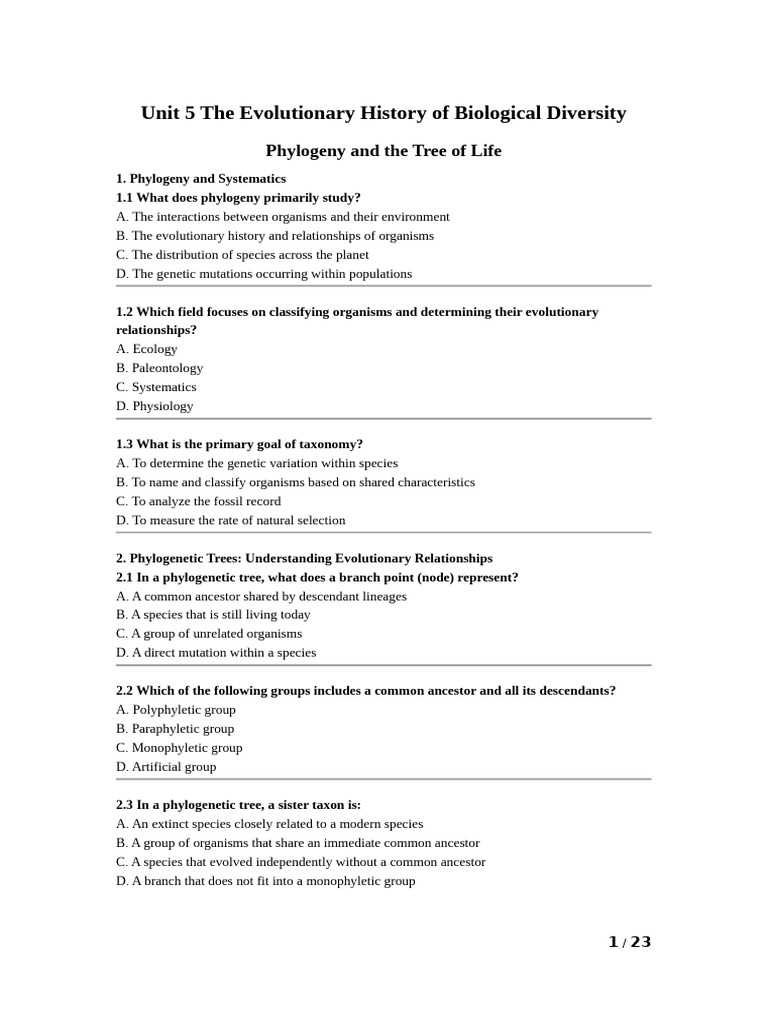 Unit 5 The Evolutionary History of Biological Diversity-Exam | PDF ...