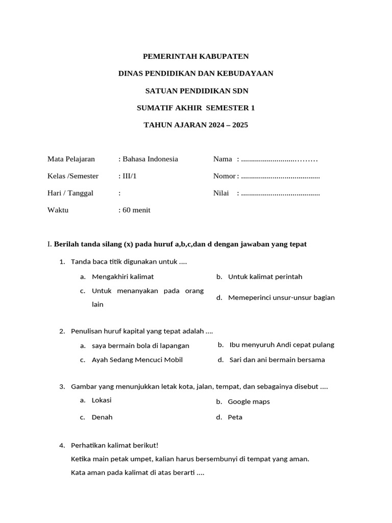 Soal Asas Ganjil Bhs. Indonesia Kelas 3 | PDF