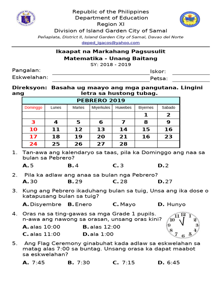 4th Quarter Exam-Math 1-6 | PDF