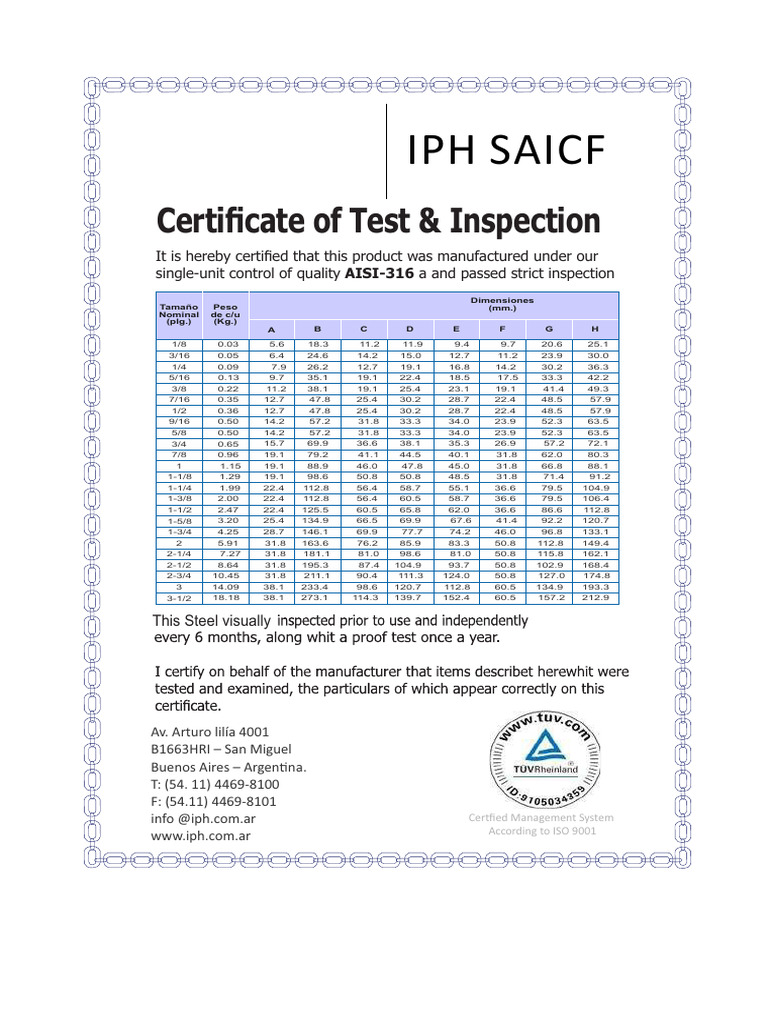 AISI-316 Steel Inspection Certificate | PDF