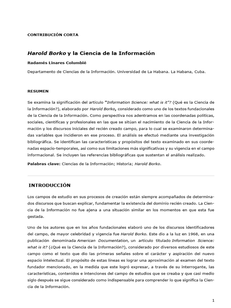 Borko y La Ciencia D La Informacion | PDF | Conocimiento | Ciencias de ...