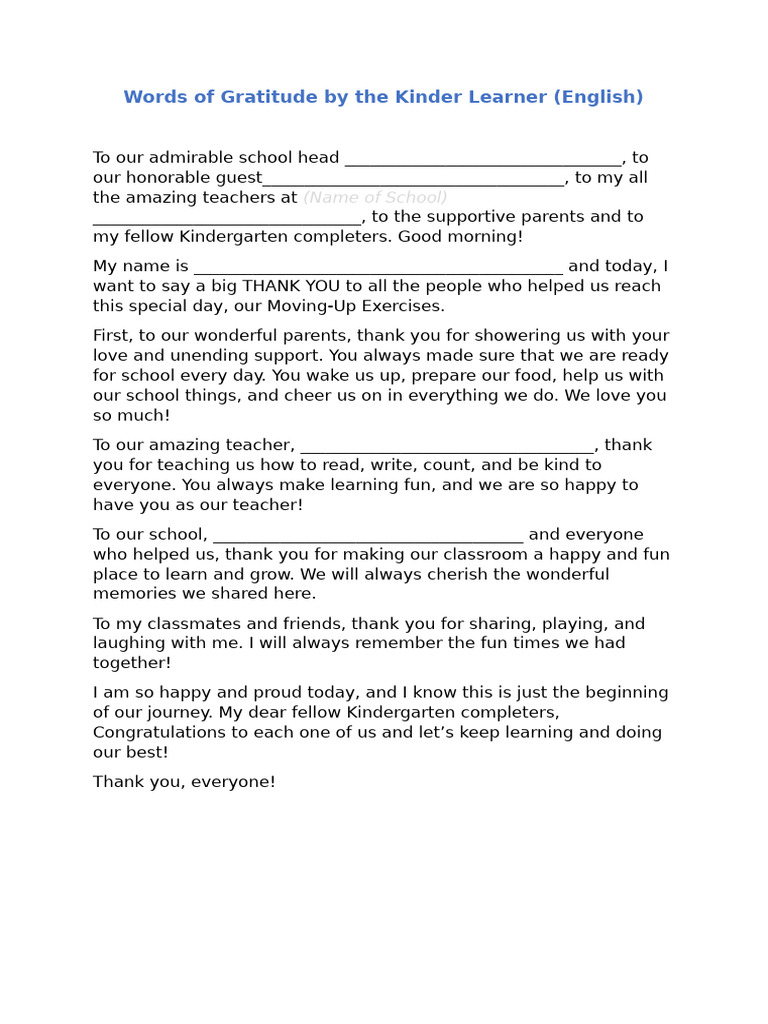 Gratitude Speech for Kindergarten Graduation | PDF