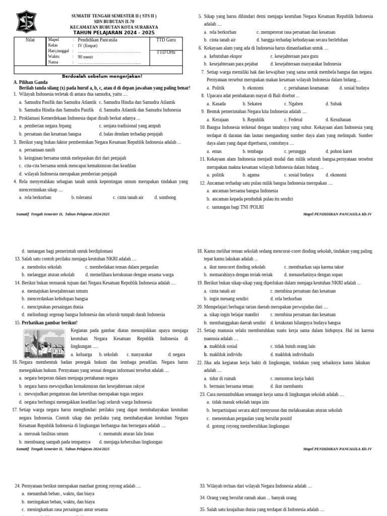 Sumatif Tengah Semester II PENDIDIKAN PANCASILA Kelas IV 2024-2025 New | PDF