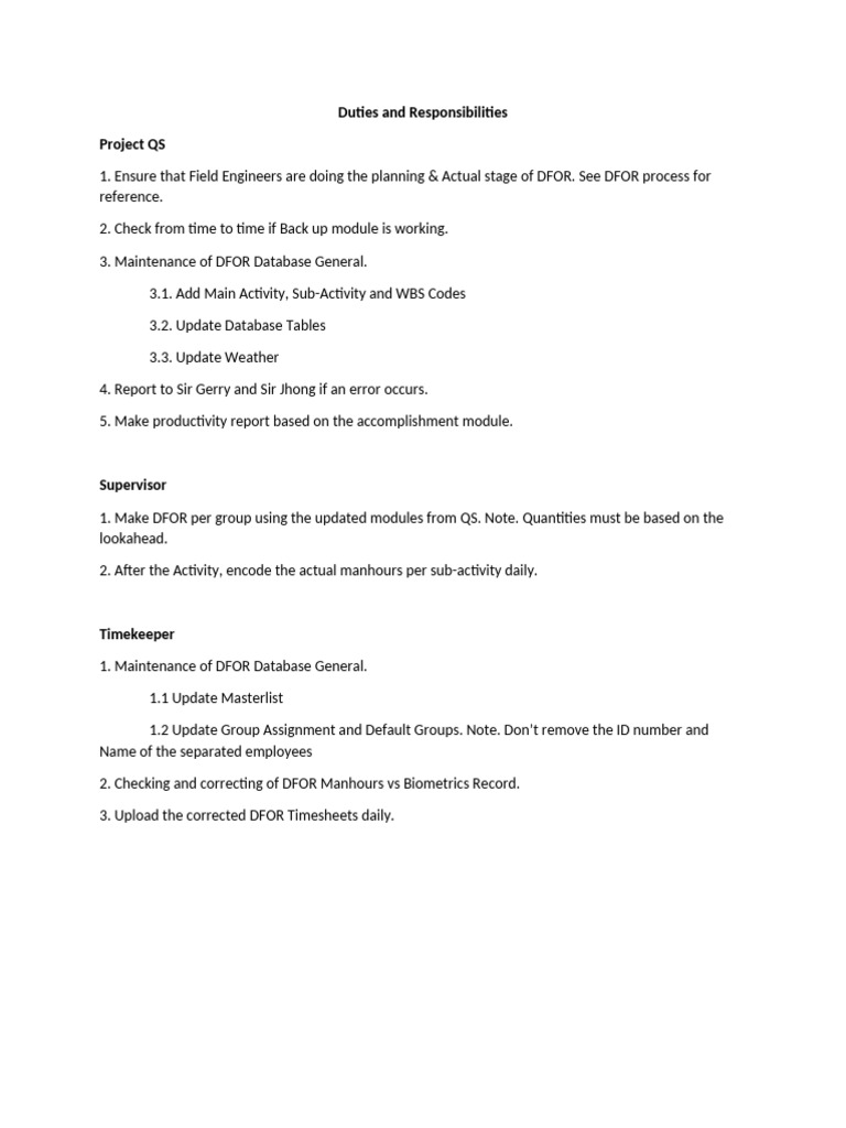 Duties and Responsibilities | PDF
