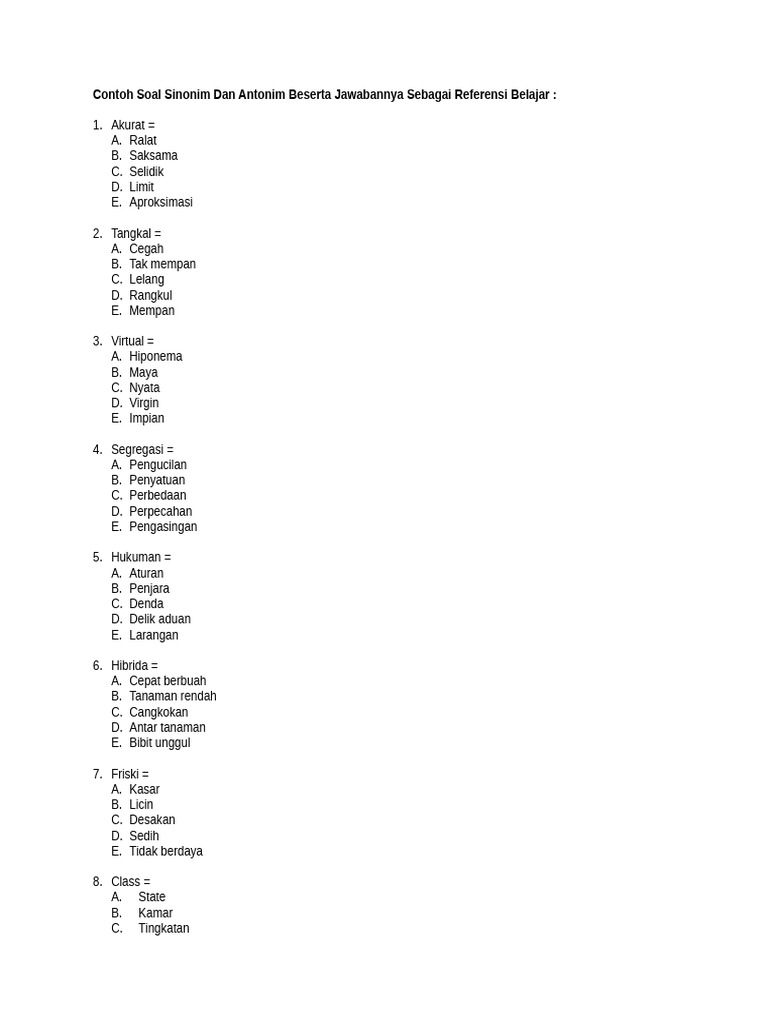 Contoh Soal Sinonim Dan Antonim Beserta Jawabannya Sebagai Referensi ...