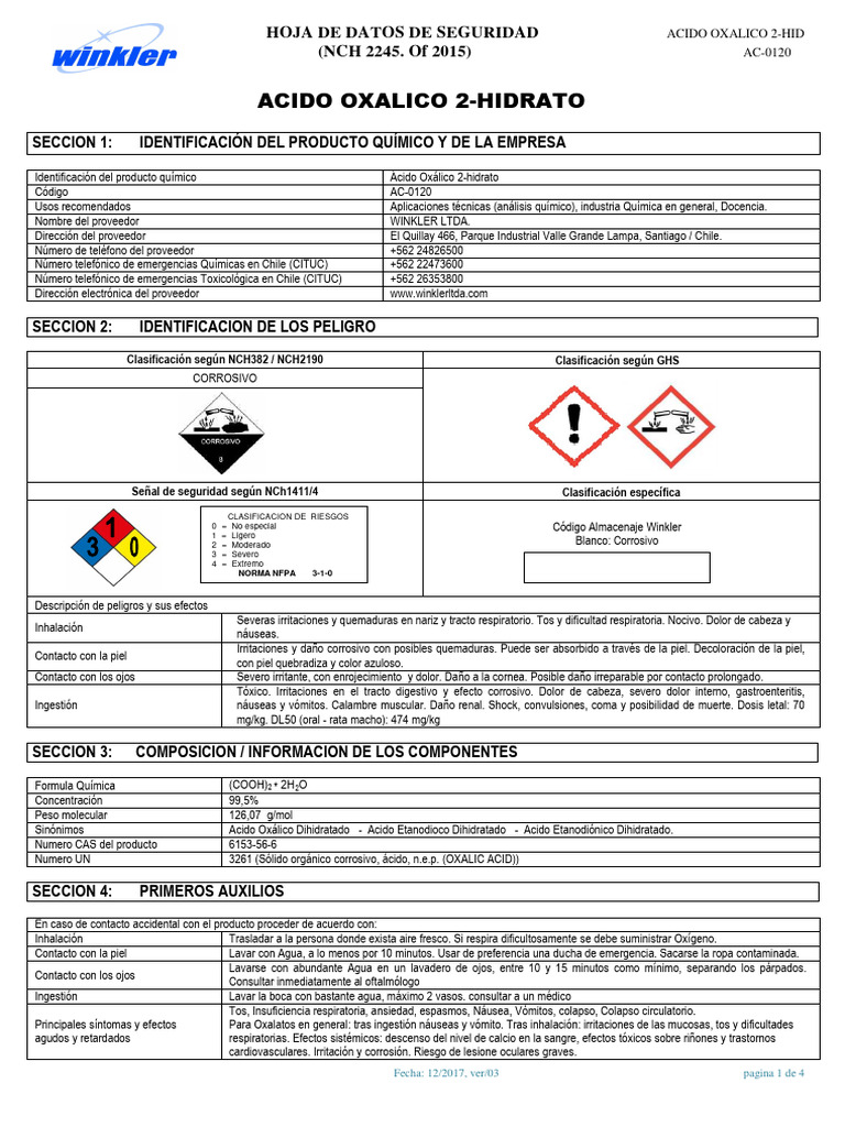Hoja de Seguridad: Ácido Oxálico 2-Hidratado | PDF | Corrosión | Agua