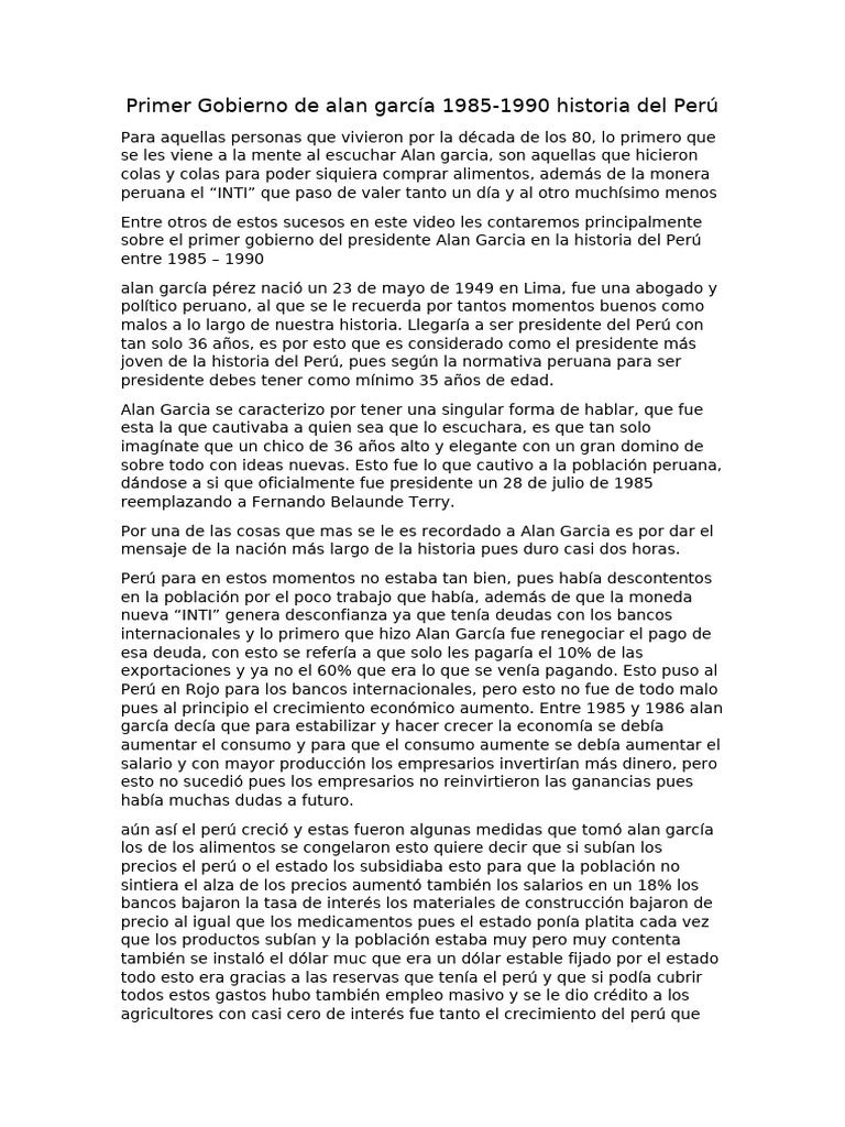 Primer Gobierno de Alan García (1985-1990) | PDF | Perú | Dinero