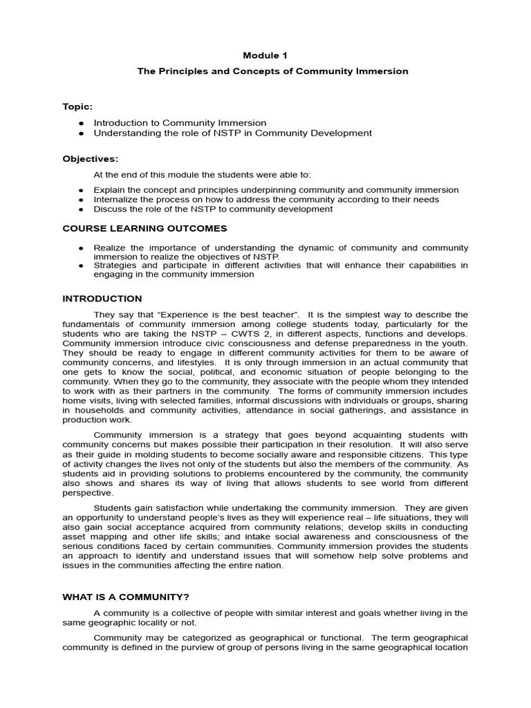 Community Immersion Principles Overview | PDF | Community | Social ...