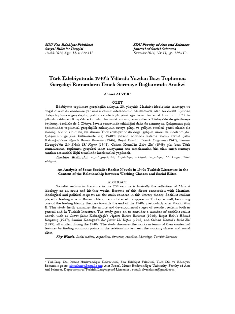 Türk Edebiyatında 1940'lı Yıllar Yazılan Bazı Romanların Sermaye Bağlamında Analizi | PDF