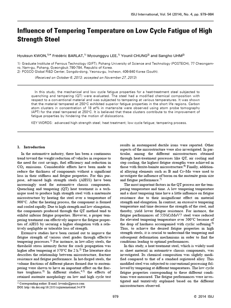 Influence of Tempering Temperature On Low Cycle Fatigue of High Strength Steel (2014) | PDF ...