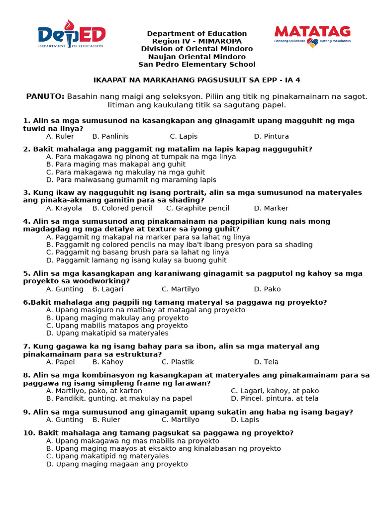 PT - Q4 G4 Matatag Epp-Ia | PDF