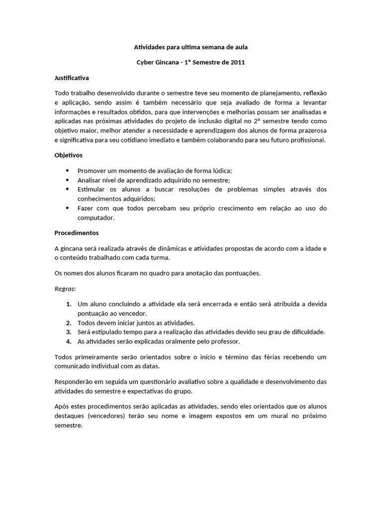 Atividades para Ultima Semana de Aula | PDF | Aprendizado