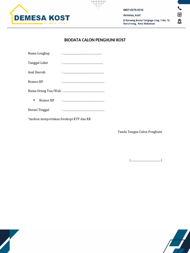 Biodata Dan MoU Calon Penghuni Kost 3 | PDF