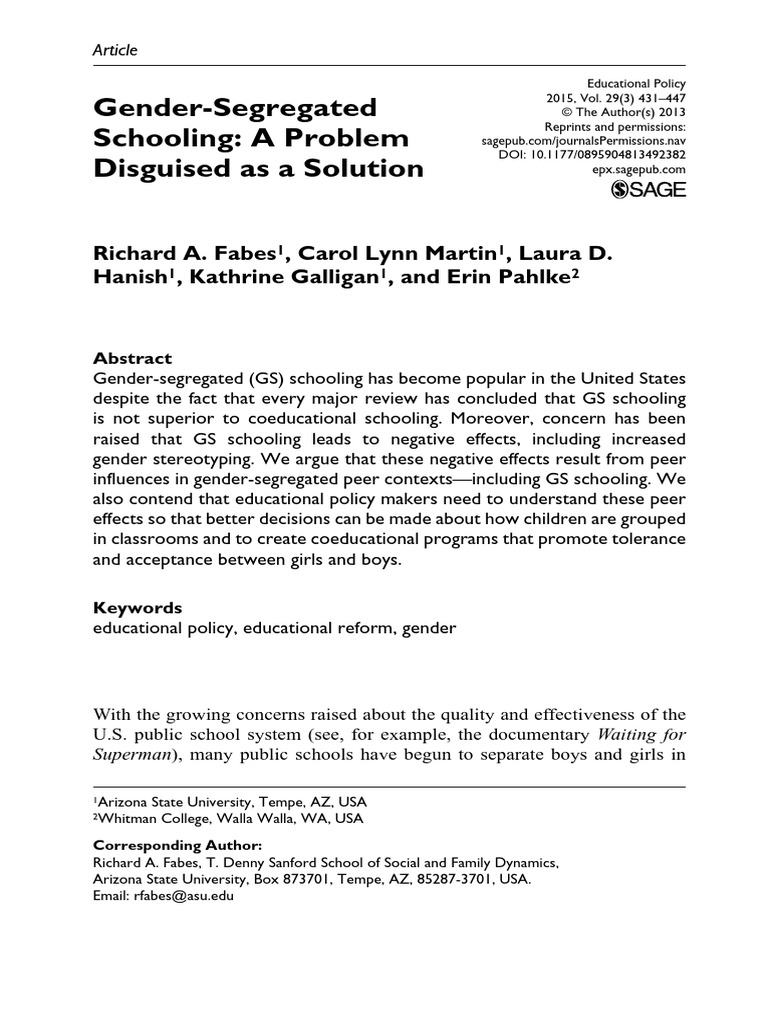 PERSON 1 - Fabes Et Al (2015) - Gender Segregated Schooling | PDF | Gender | Gender Studies