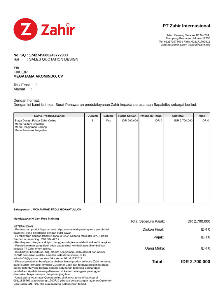 Penawaran Harga Layanan Zahir 2023 | PDF