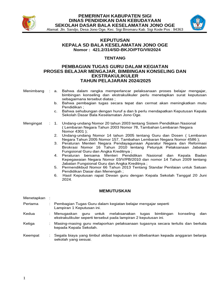 Surat Keputusan Pembagian Tugas SD BK Jono Oge | PDF