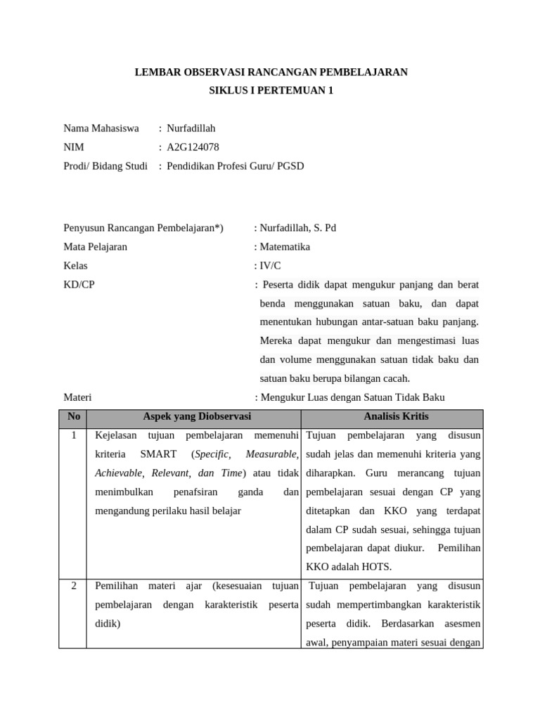 LK 3 Contoh Format Lembar Observasi Rancangan Pembelajaran-Siklus1 - PPM | PDF