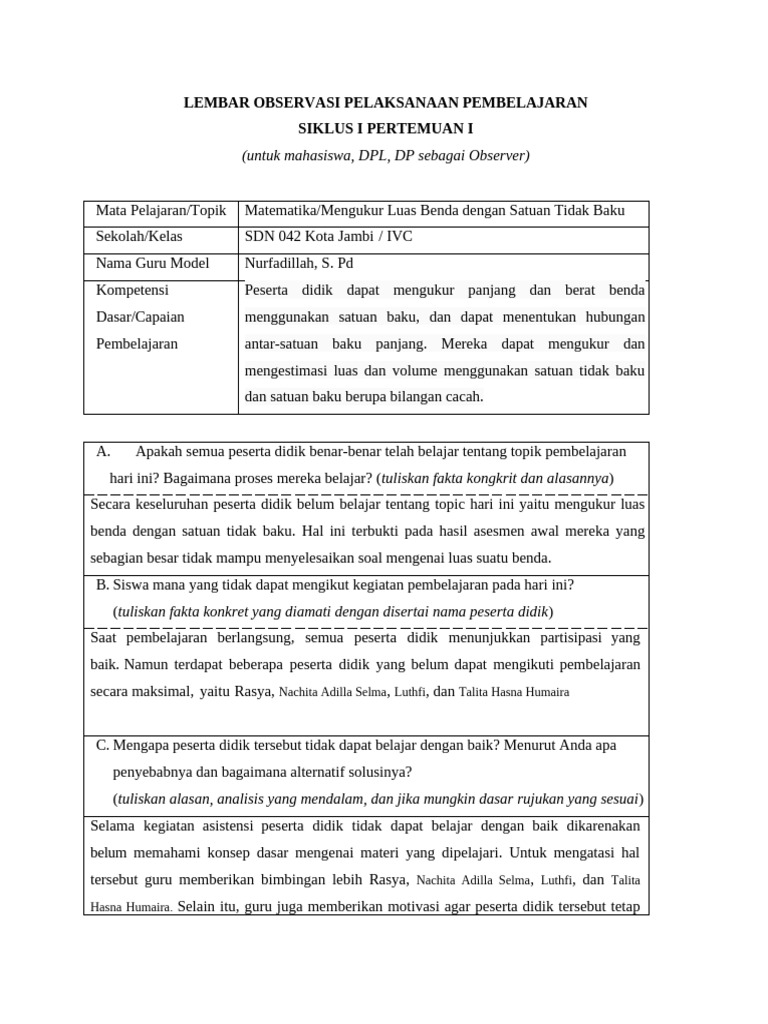 LK 4 Format Lembar Observasi Pelaksanaan Pembelajaran untuk Observer-Siklus1_PPM | PDF