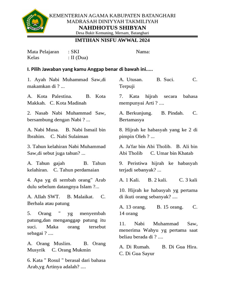 Soal SKI Kelas 2 Madrasah Diniyah | PDF